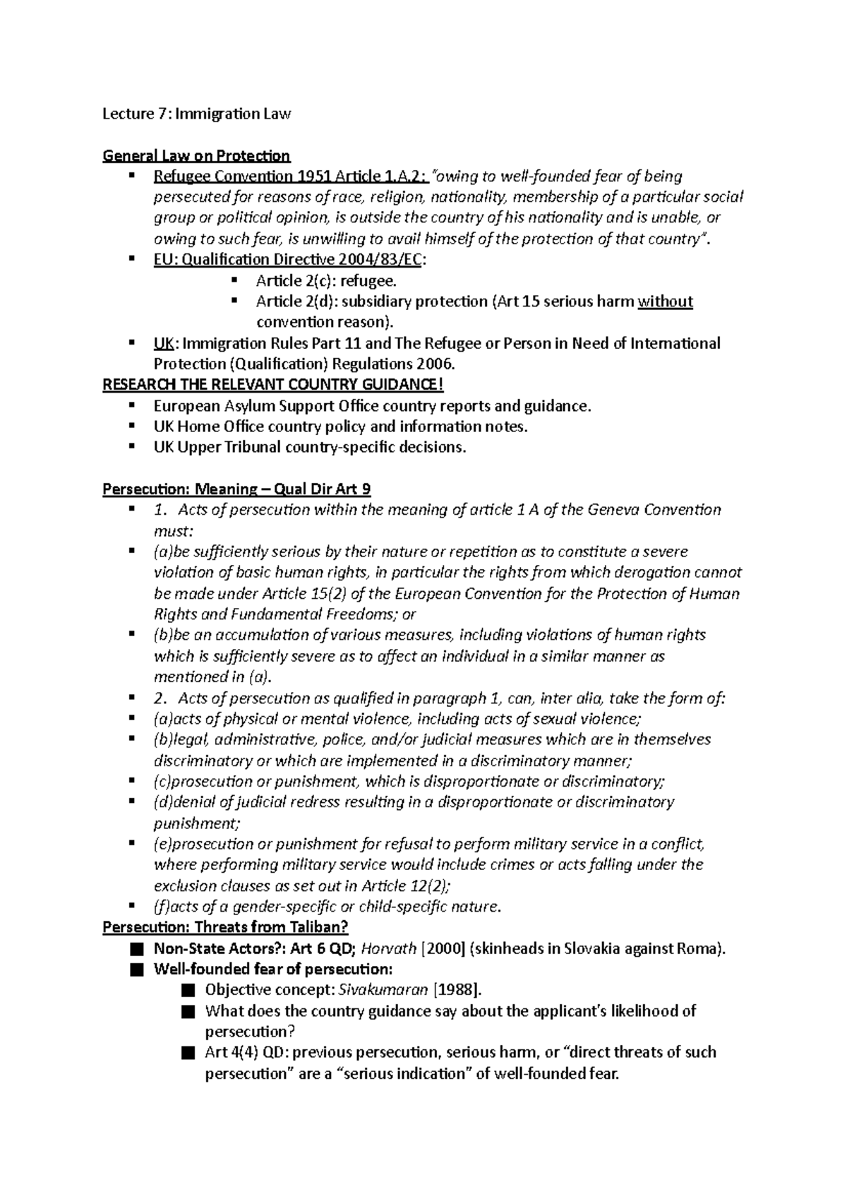 Lecture 7 - Immigration Law - Lecture 7: Immigration Law General Law on ...