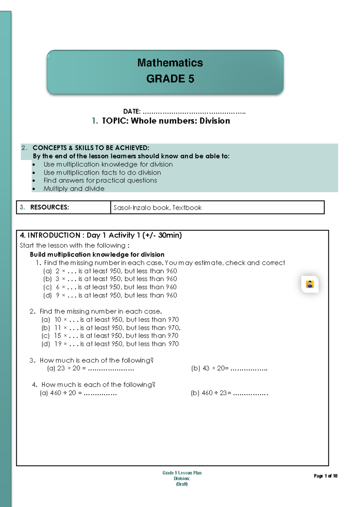 Lesson Plan Grade 5 Mathematics Term 2 Week 2 - Grade 5 Division ...