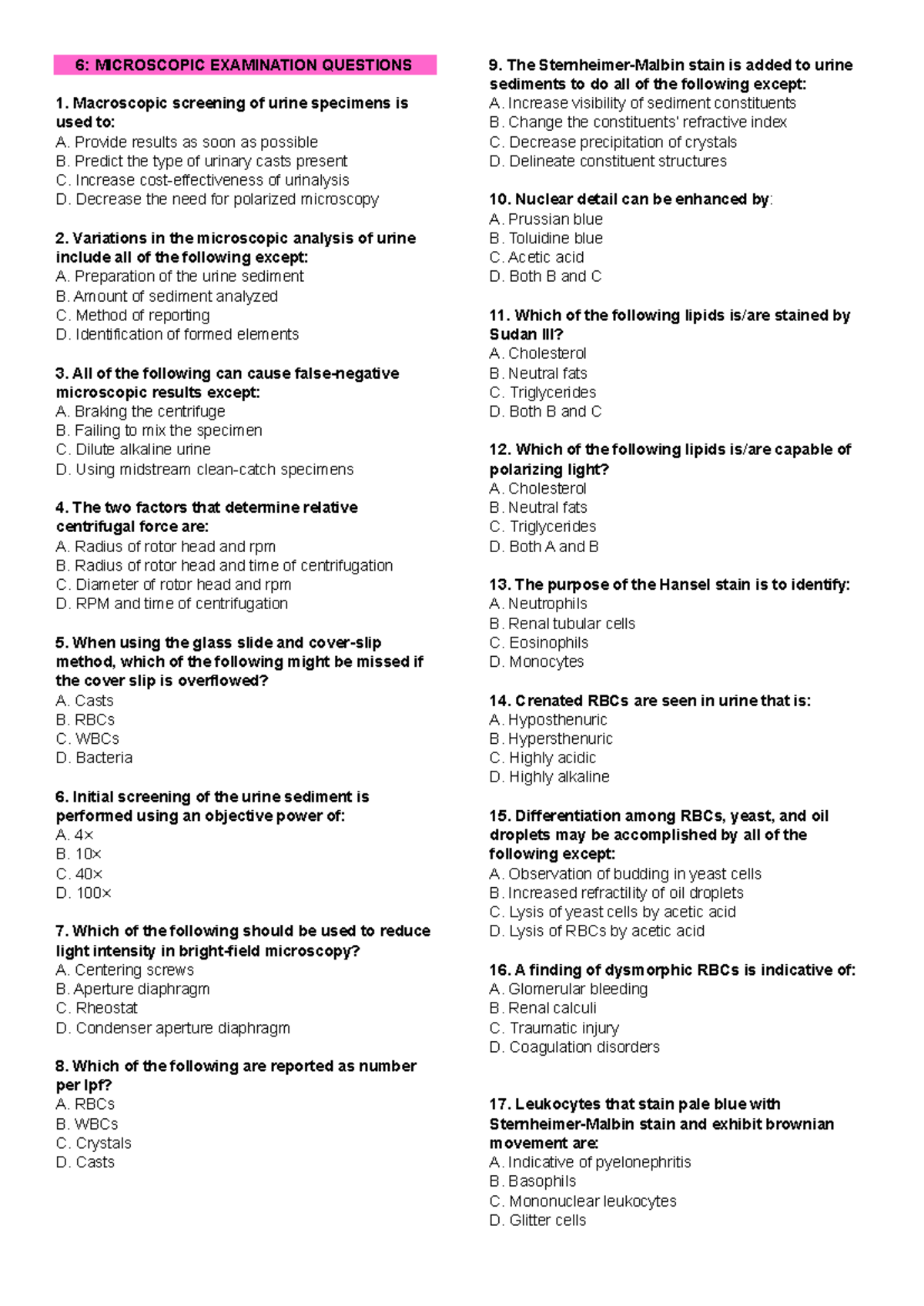 Aubf midtem questions - Strasinger - 6: MICROSCOPIC EXAMINATION ...