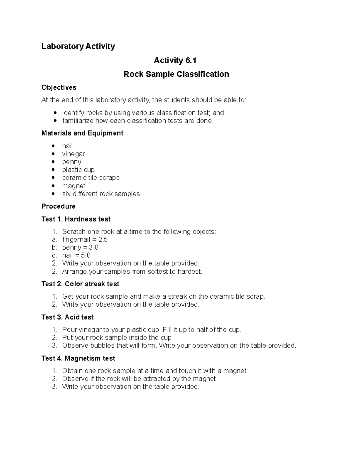 Rock Sample Classification Lab Activity Gr3 Laboratory Activity Activity 6 Rock Sample 