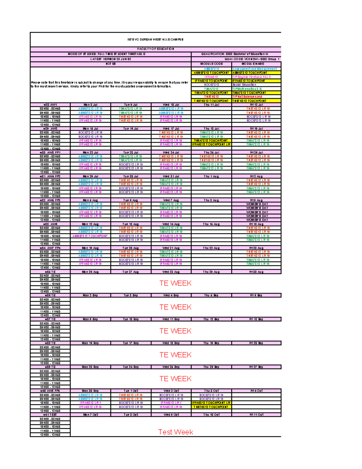 Semester 6 Timetable- easier version - MODULE CODE MODULE NAME ASME7312 ...