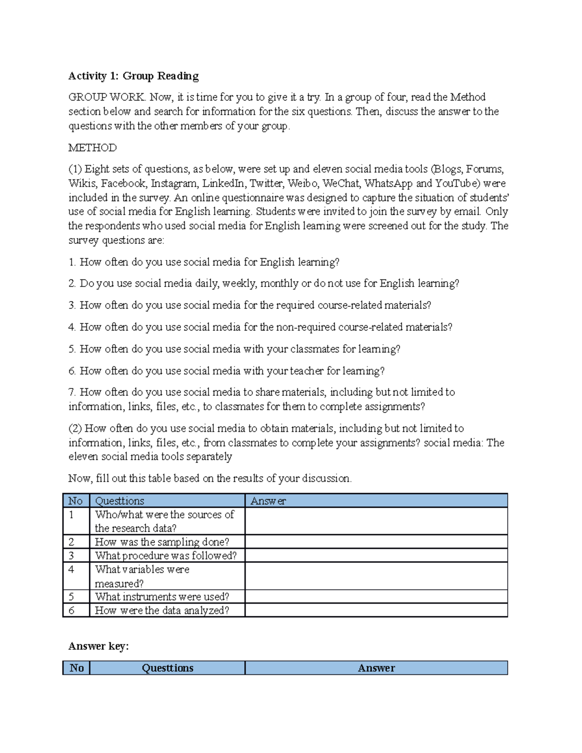 UNIT 3 Reading the Method Section Activity 1 Group Reading - Activity 1 ...