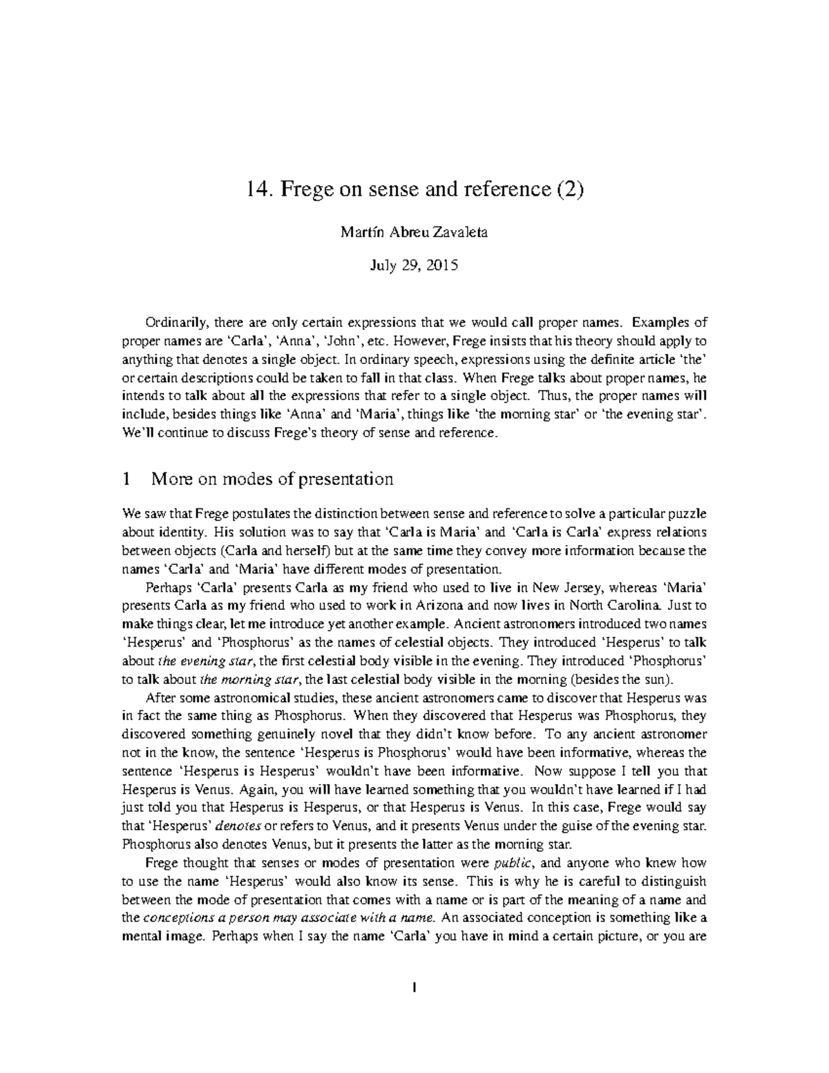 Lecture 14 - Frege, Sense and Reference notes - 14. Frege on sense and ...