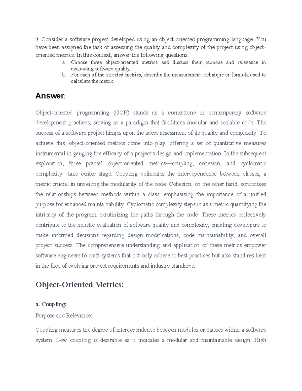 #7 software metrics - sdwq - 7. Consider a software project developed ...
