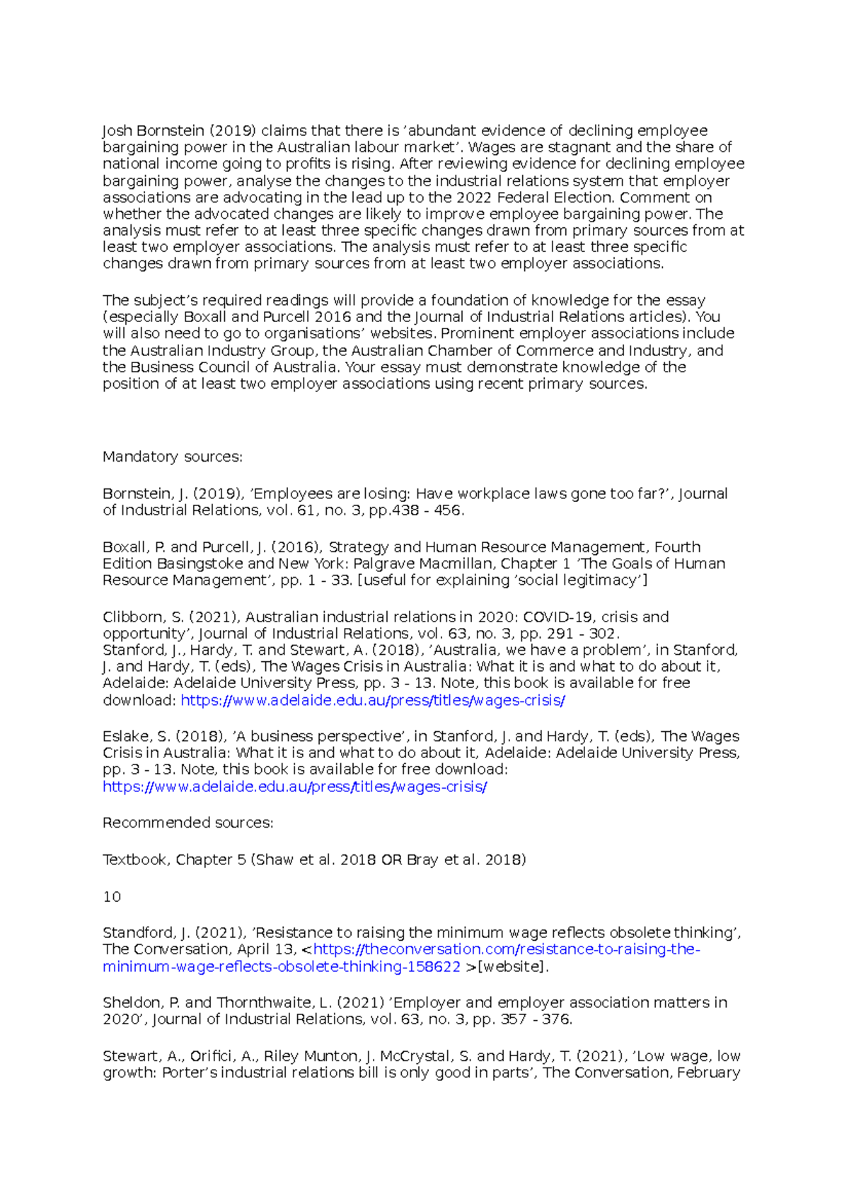 Enterprise industrial relations - Josh Bornstein (2019) claims that ...