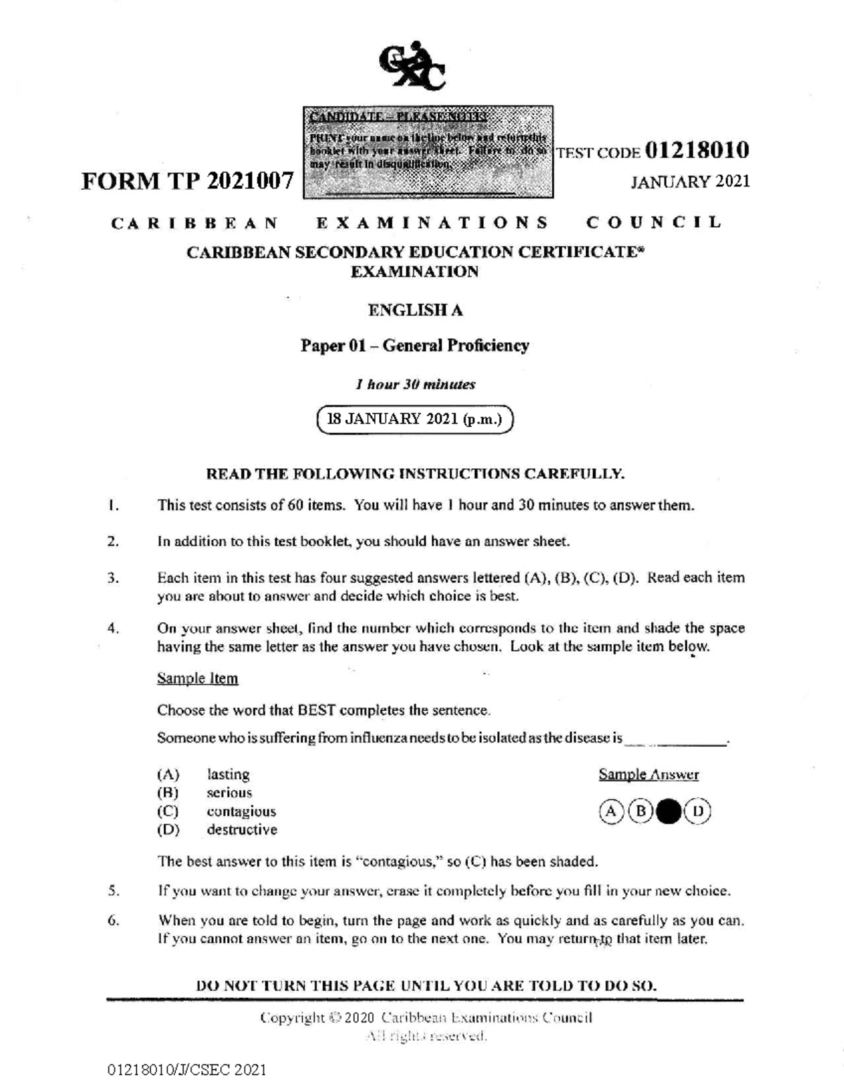 CSEC English A 2021 P1 - 2021007 2021 18 JANUARY 2021 (p.) 01218010/J ...