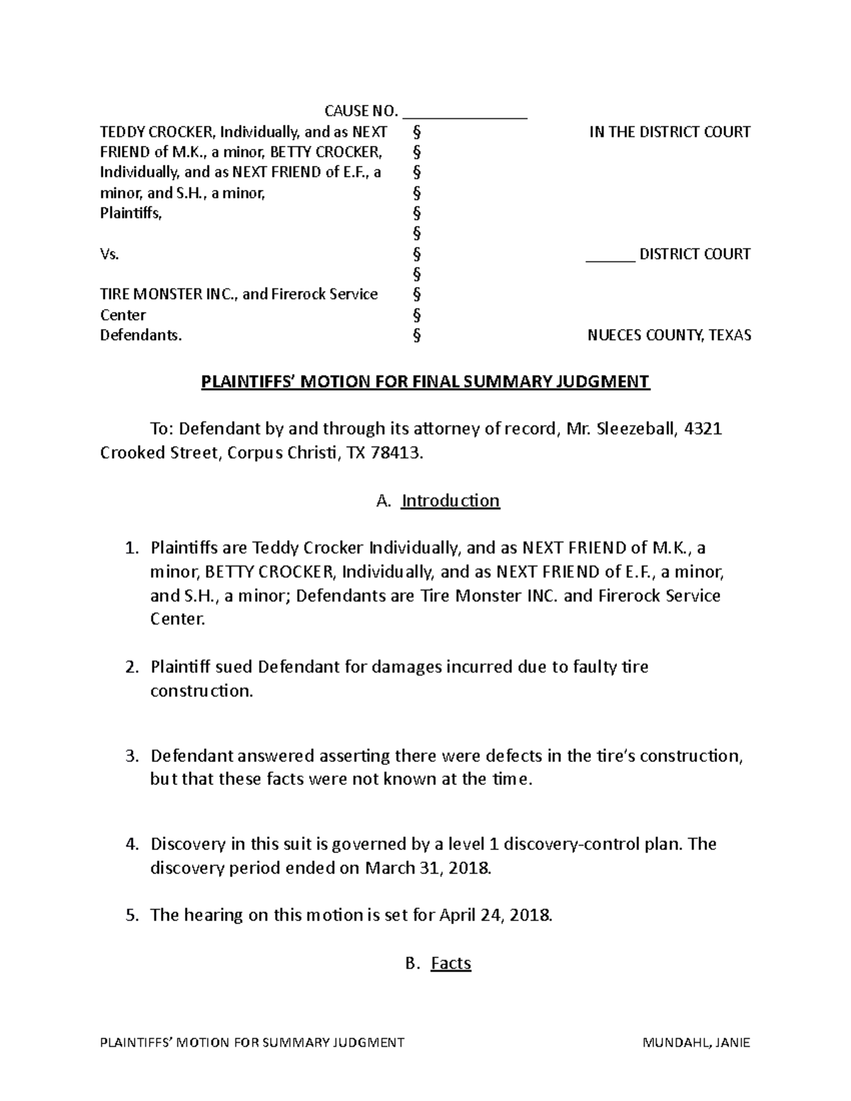 Plaintiffs Motion FOR Summary Judgment - CAUSE NO ...