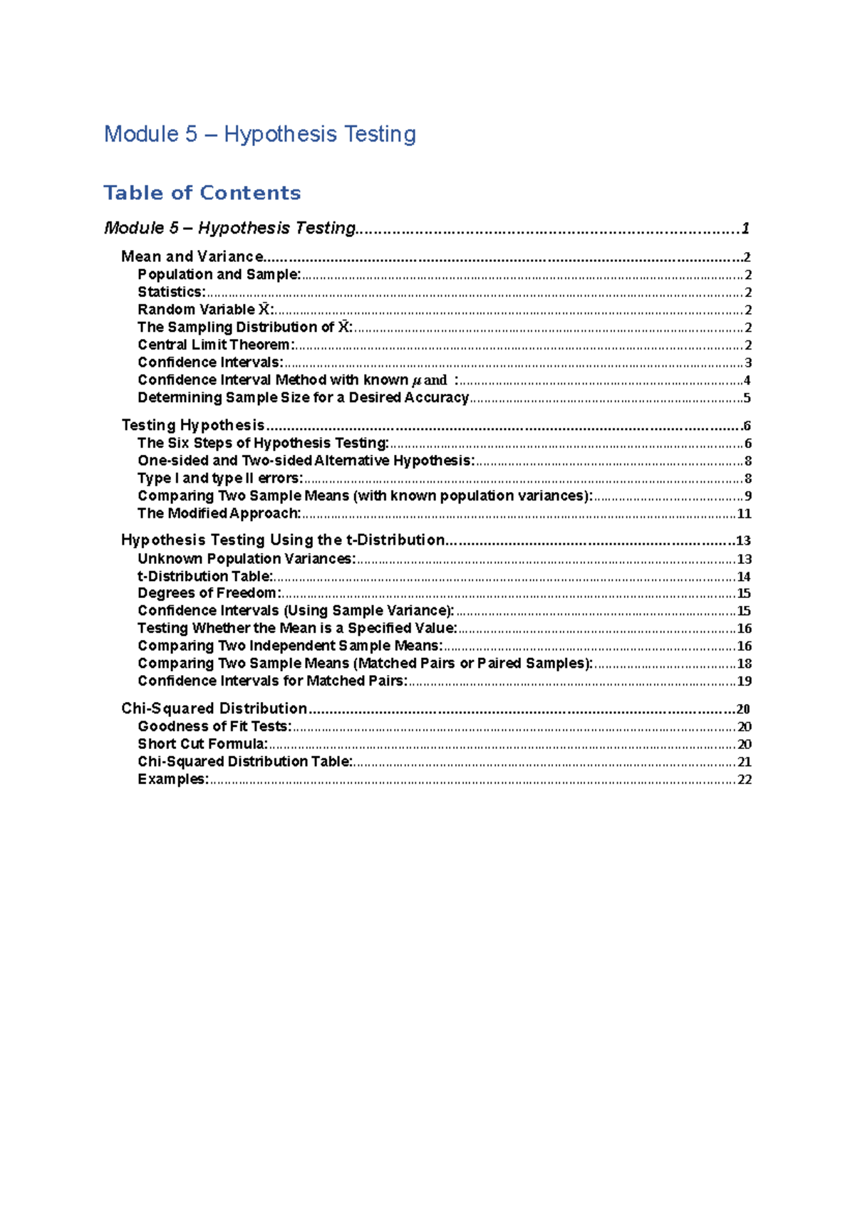Module 5 Notes - Hypothesis Testing[ 60] - Module 5 – Hypothesis - Studocu