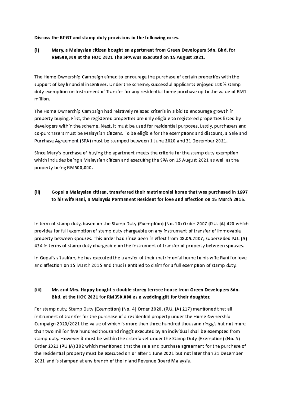 Tutorial 1 Question 5 - Discuss the RPGT and stamp duty provisions in ...