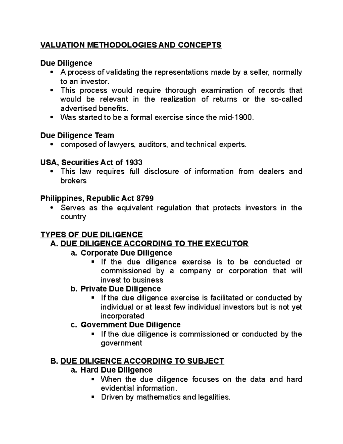 Due Diligence and Other Concepts - VALUATION METHODOLOGIES AND CONCEPTS ...