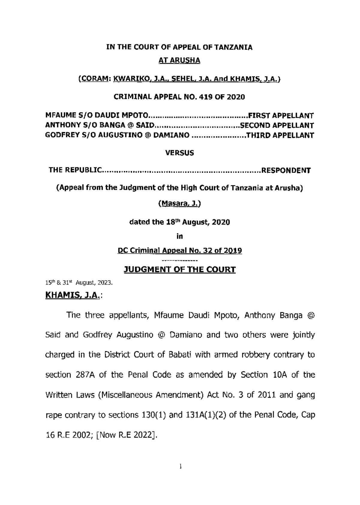Mfaume so Daudi Mpoto Others vs Republic 2023 TZCA 17568 (31 August ...