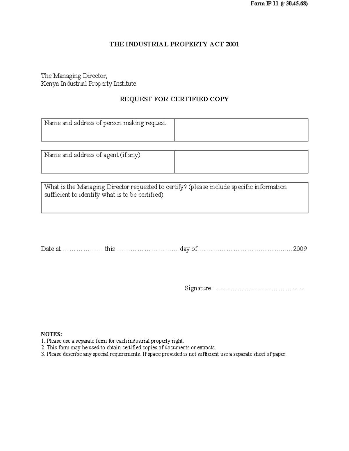 FORM IP 11- Request For Certified Copy - Form IP 11 (r 30,45,68) THE ...