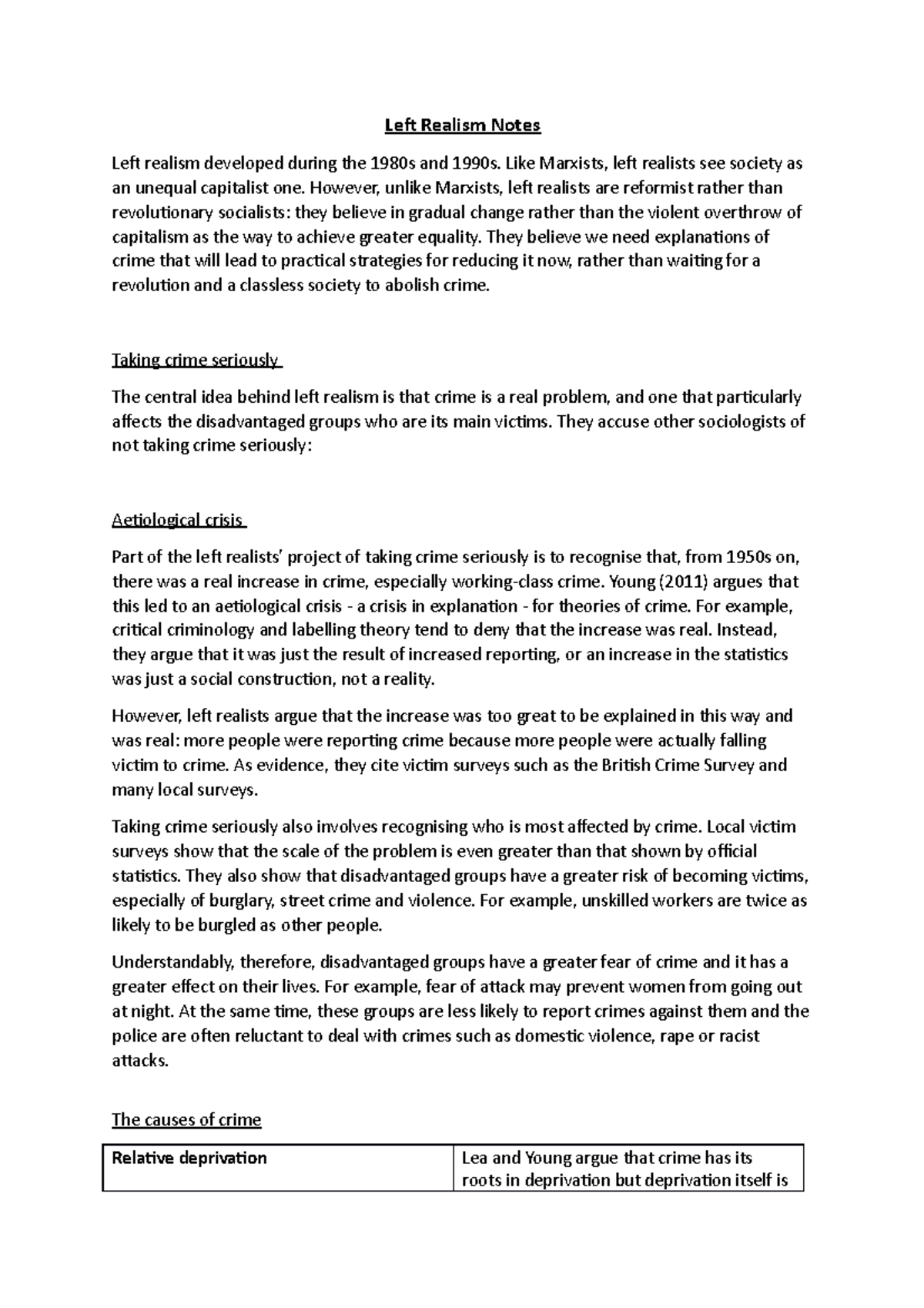 Left Realism Notes - Left Realism Notes Left realism developed during ...