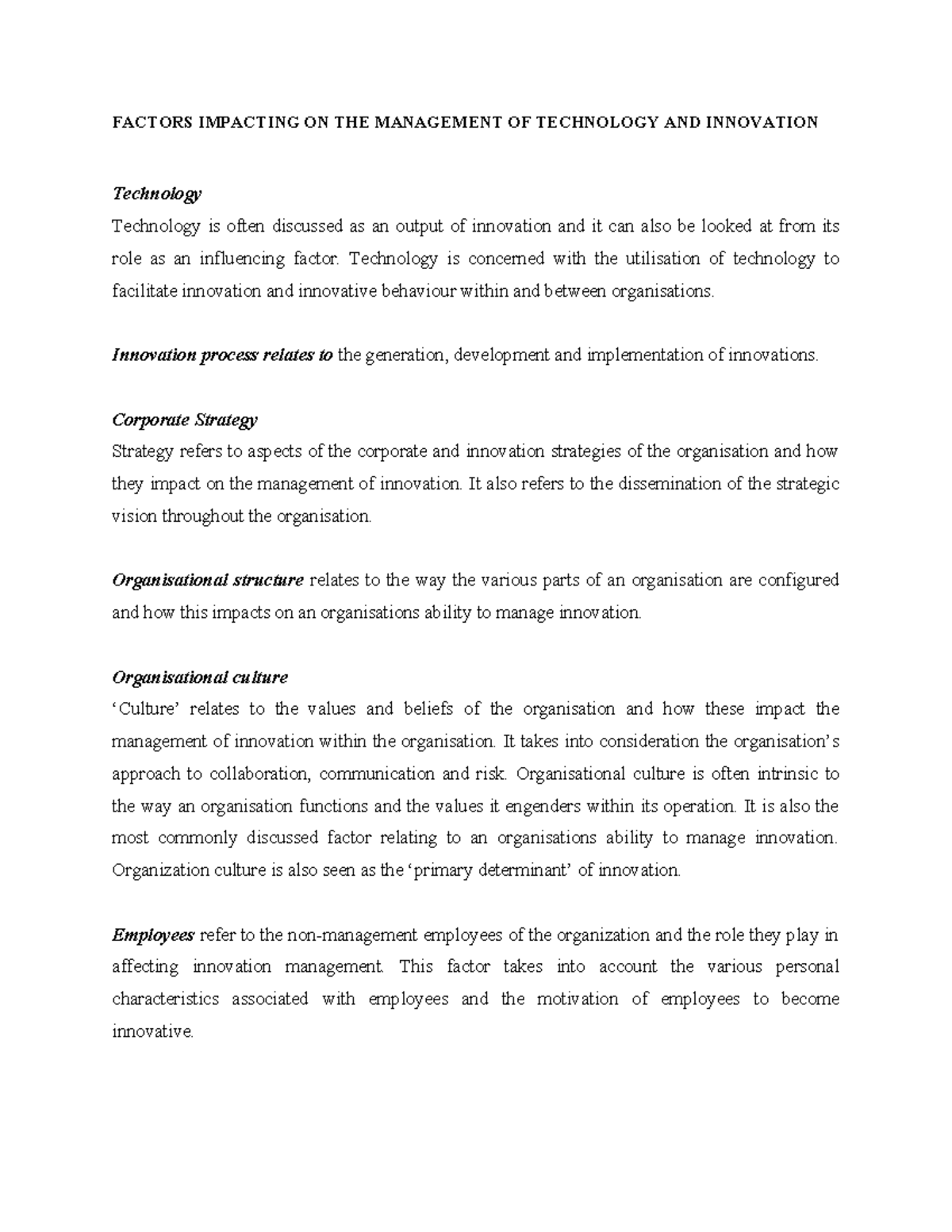 BBA 204 Lesson 7 - Factor Impacting ON THE Management OF Technology AND ...