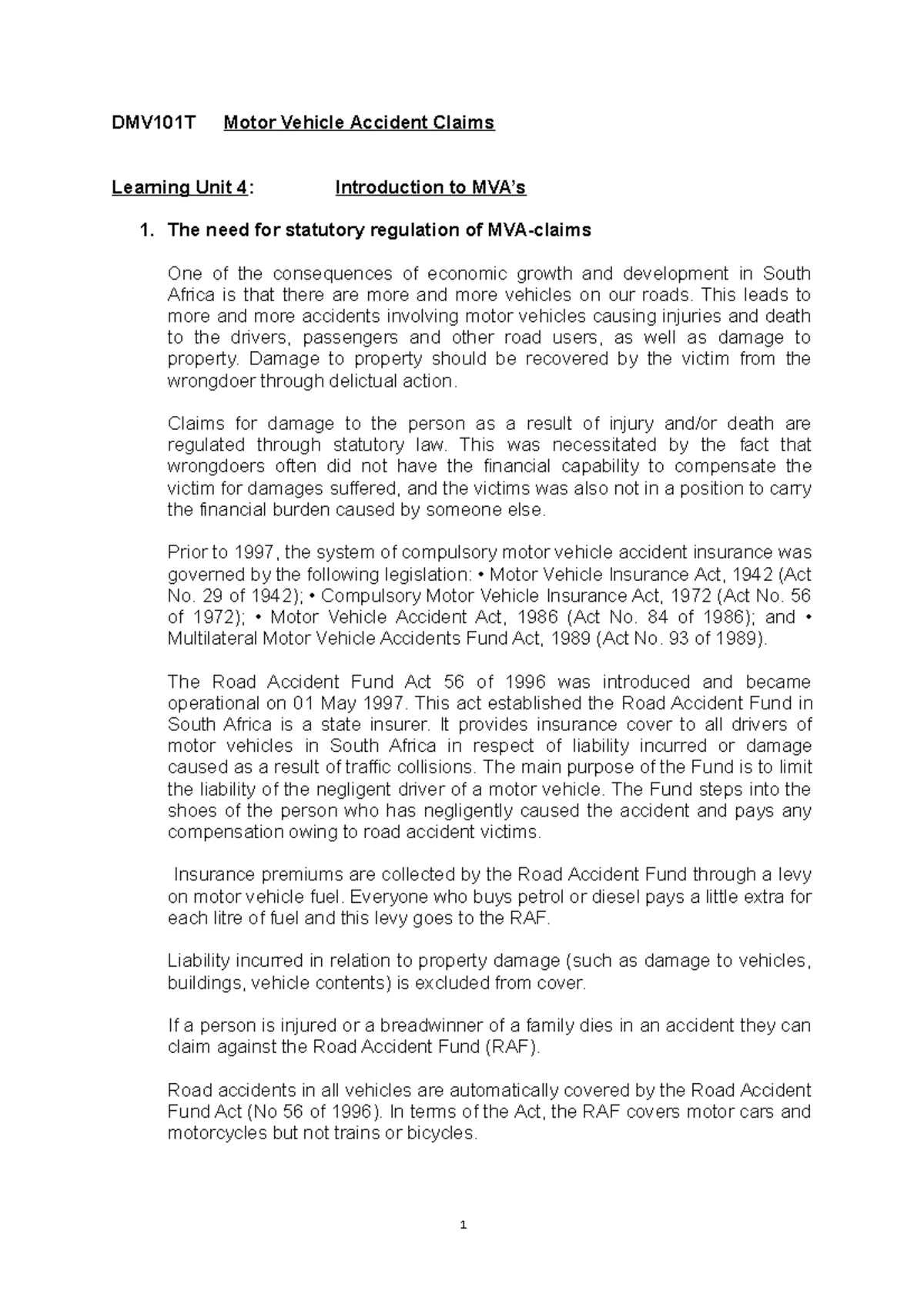 MVA notes 2017 - Including RABS - DMV101T Motor Vehicle Accident Claims ...