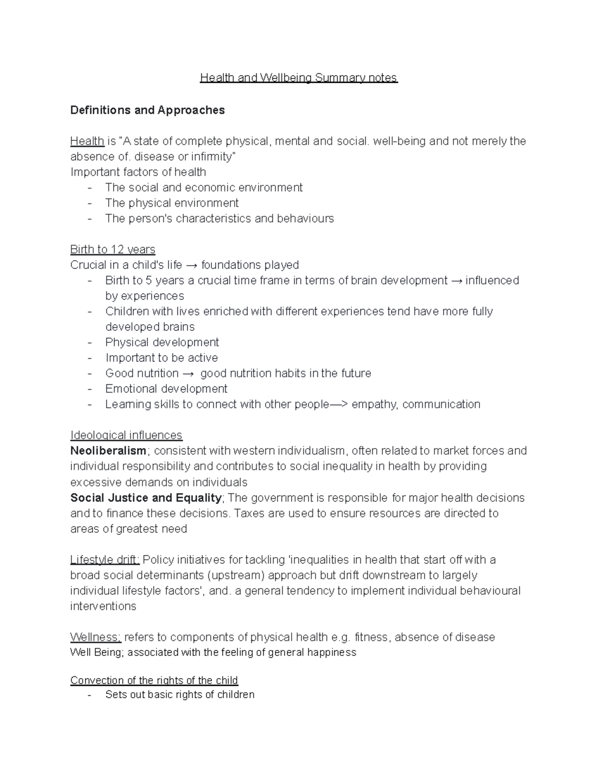 Health and Wellbeing Summary notes - Health and Wellbeing Summary notes ...