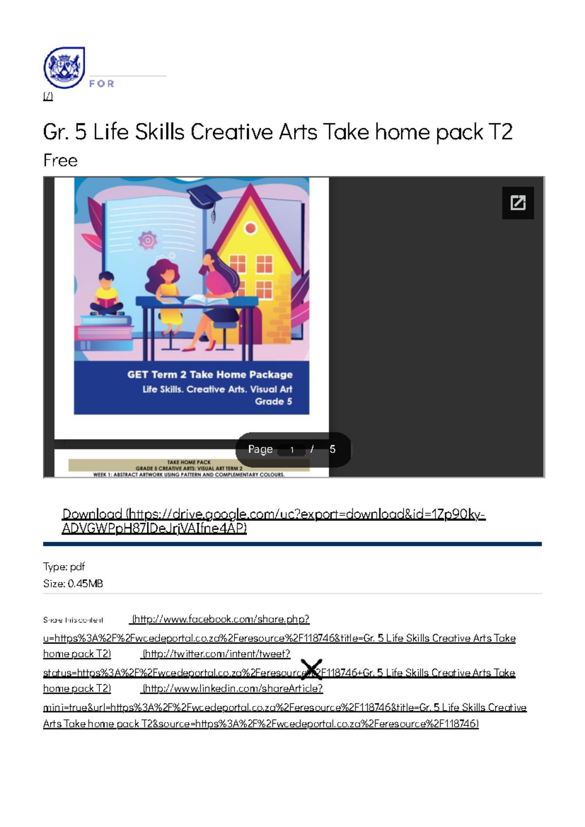 Gr. 5 Life Skills Creative Arts Take home pack T2 WCED e Portal - Gr. 5 Life Skills Creative ...