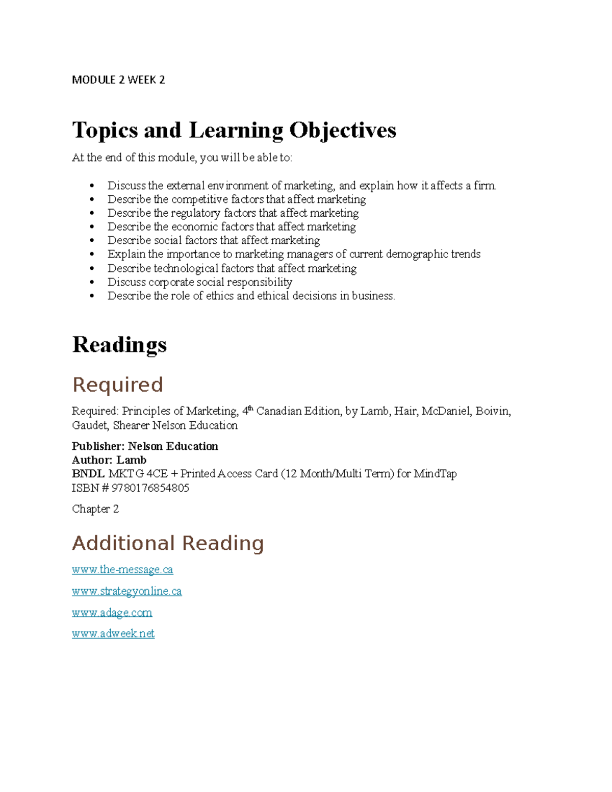 Module 2 WEEK 2 MKT100 - MODULE 2 WEEK 2 Topics and Learning Objectives ...