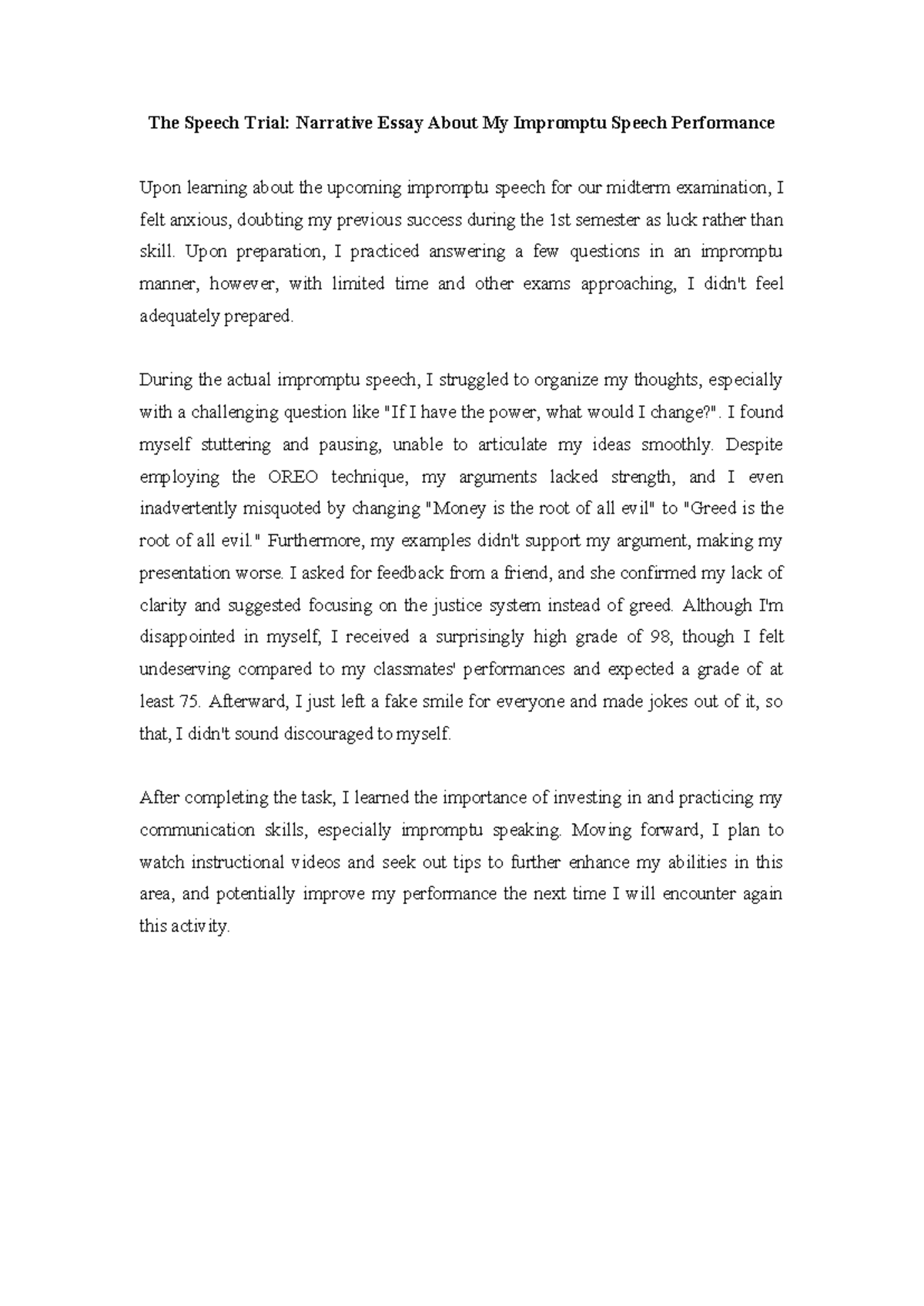 Impromptu Experience - The Speech Trial: Narrative Essay About My ...