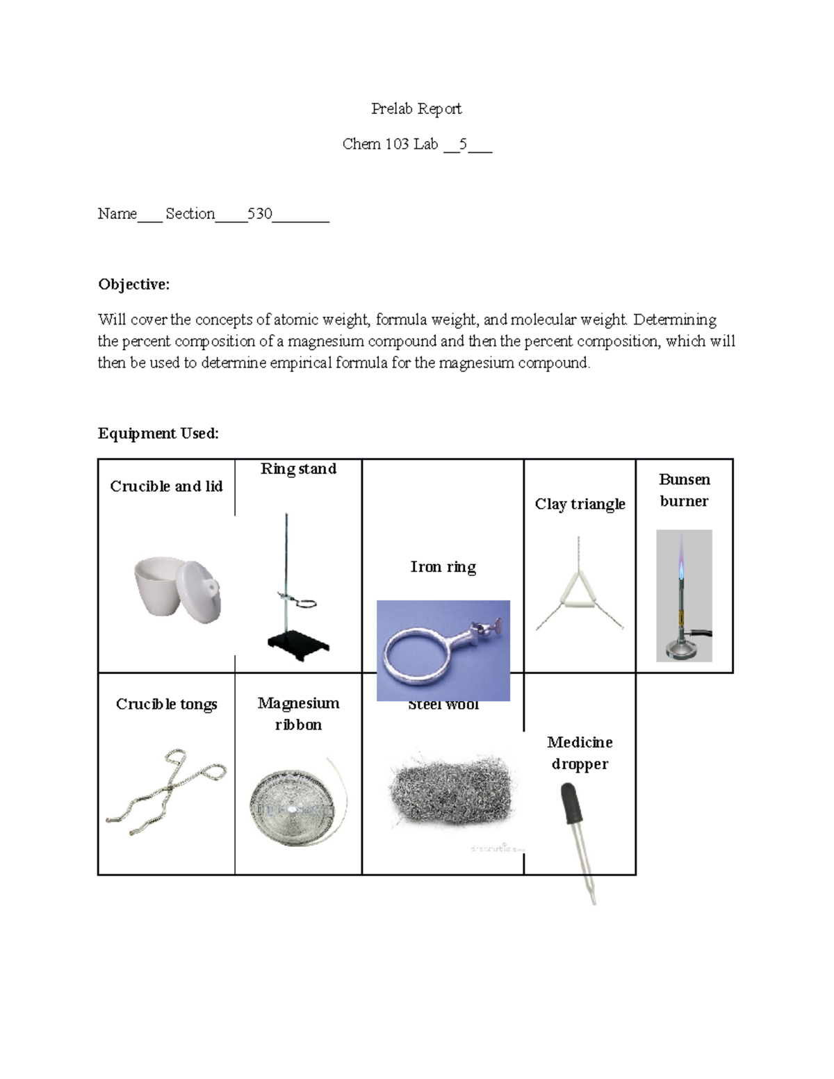 Prelab Report 5 - Lecture notes 5 - Prelab Report Chem 103 Lab 5_ Name ...