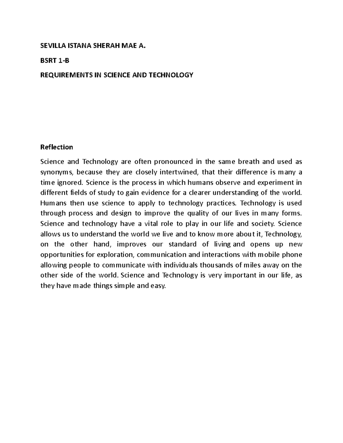 STS Module - SEVILLA ISTANA SHERAH MAE A. BSRT 1-B REQUIREMENTS IN SCIENCE AND TECHNOLOGY ...