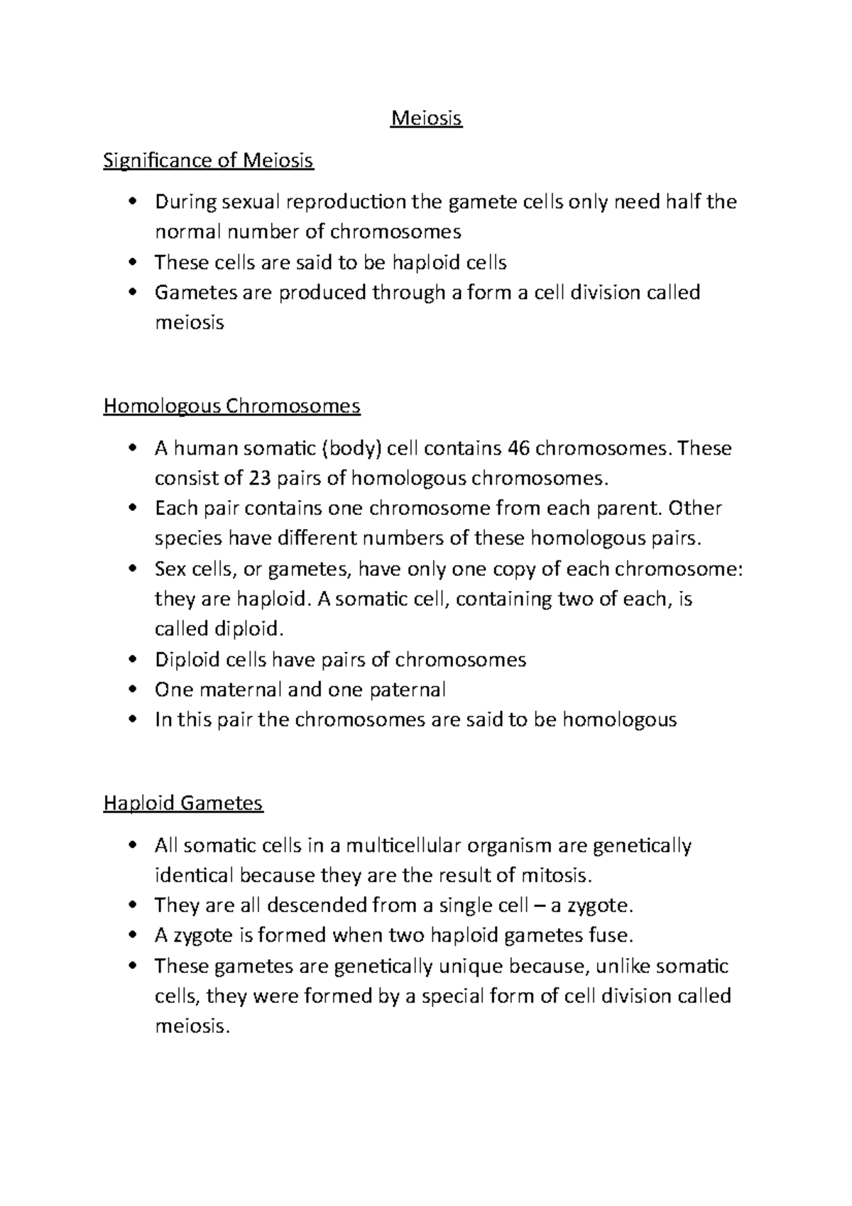 Meiosis 1 Meiosis Significance Of Meiosis During Sexual Reproduction The Gamete Cells Only