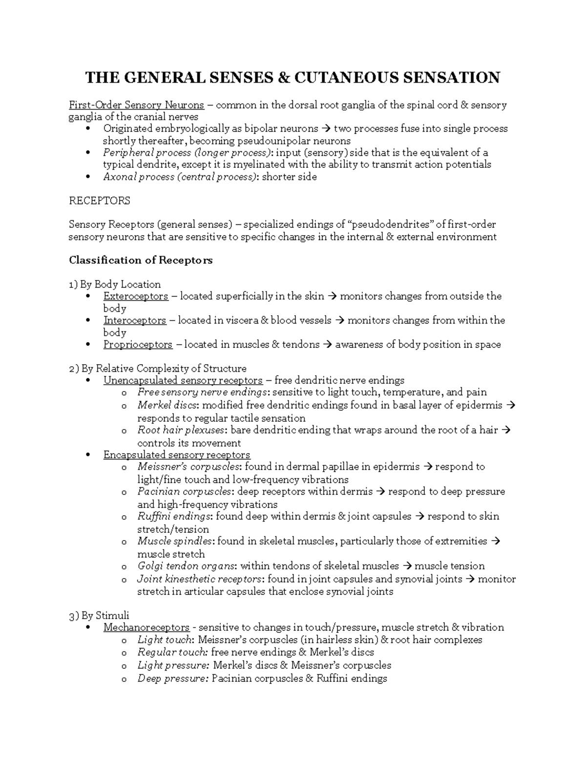 THE General Senses - Notes. - THE GENERAL SENSES & CUTANEOUS SENSATION ...