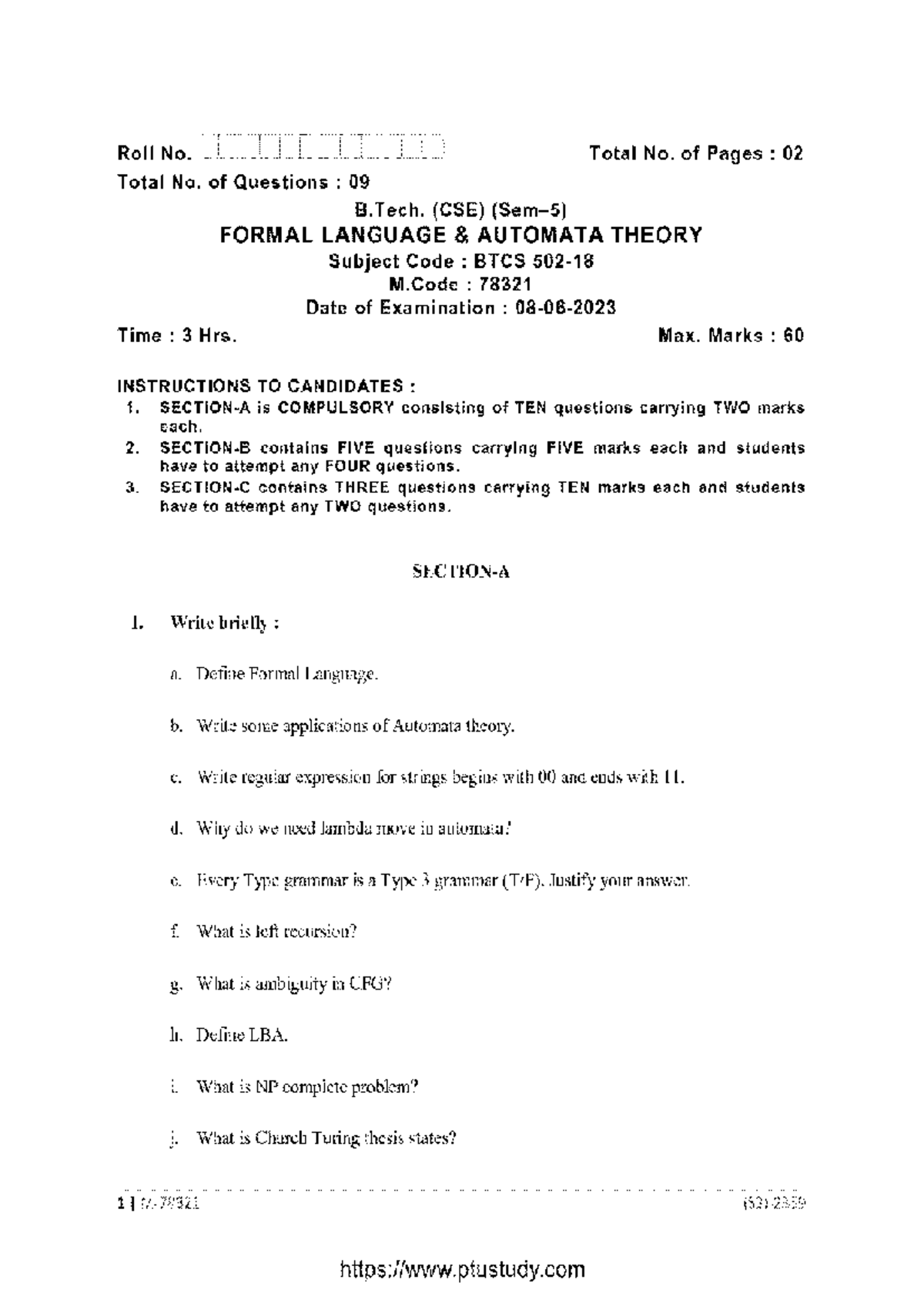 Btech Cse 5 Sem Formal Language And Automata Theory 78321 Jun 2023 Computer Science