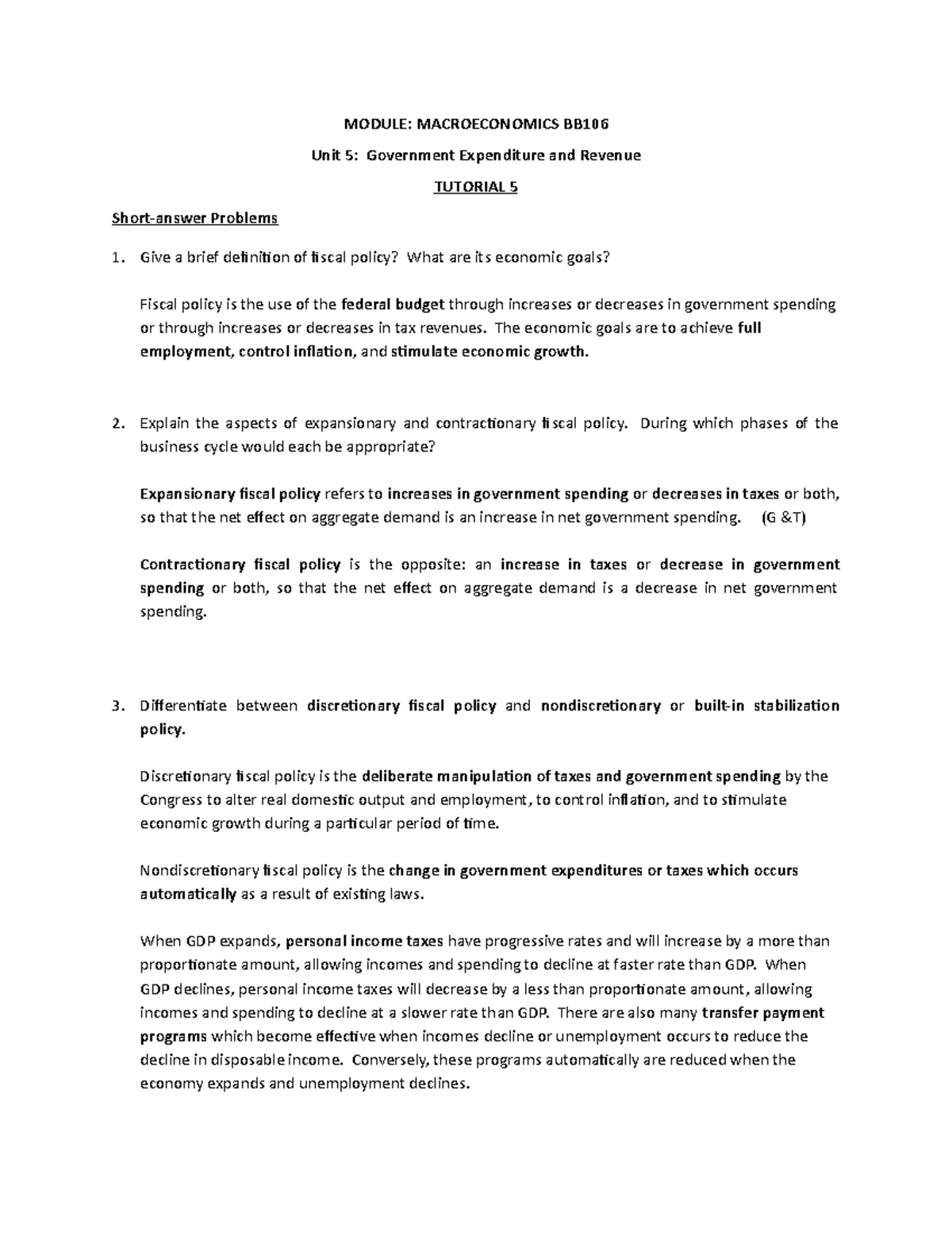T5 L - answer - MODULE: MACROECONOMICS BB Unit 5: Government ...