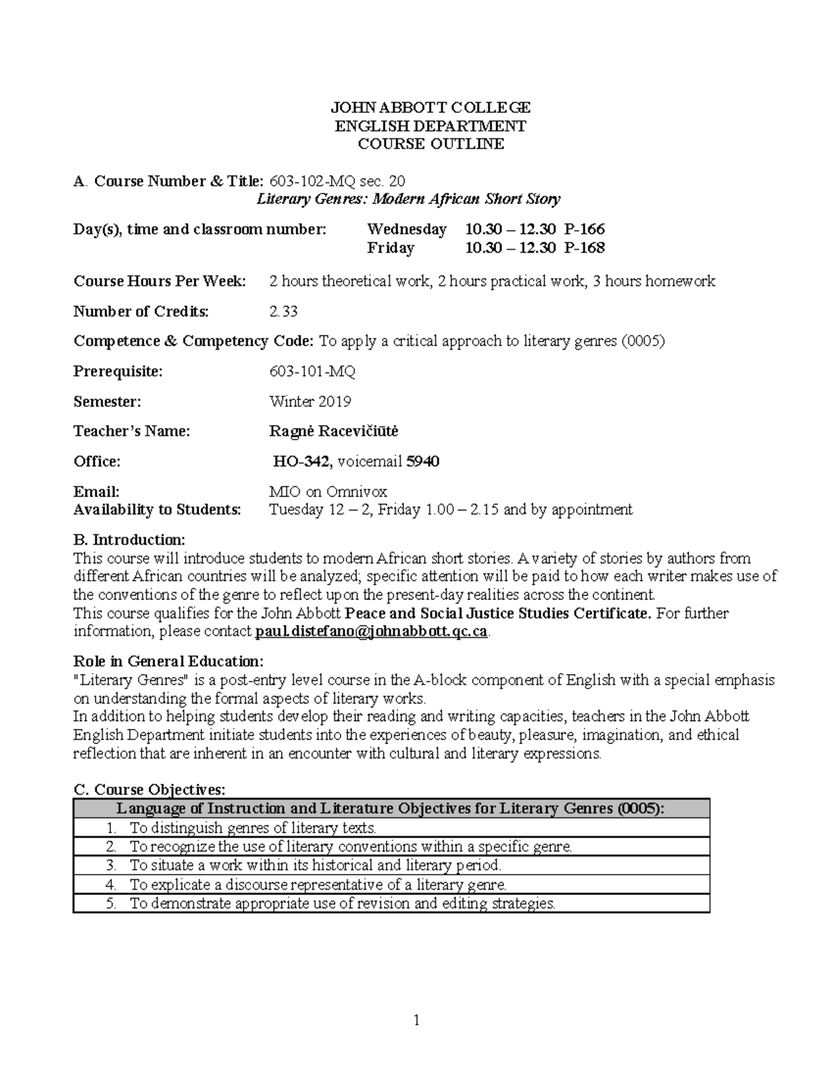 Winter 2019 . English - JOHN ABBOTT COLLEGE ENGLISH DEPARTMENT COURSE ...