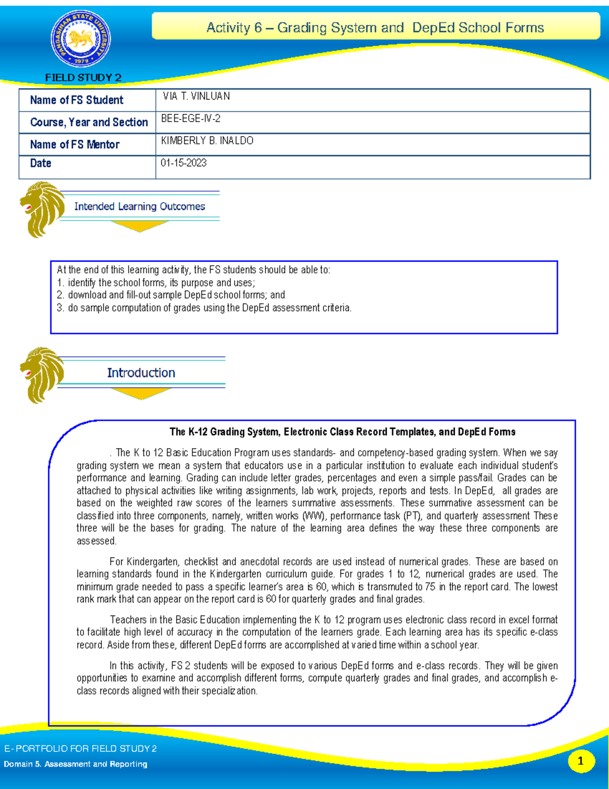 Vinluan-VIA-T - For review - FIELD STUDY 2 E- PORTFOLIO FOR FIELD STUDY ...