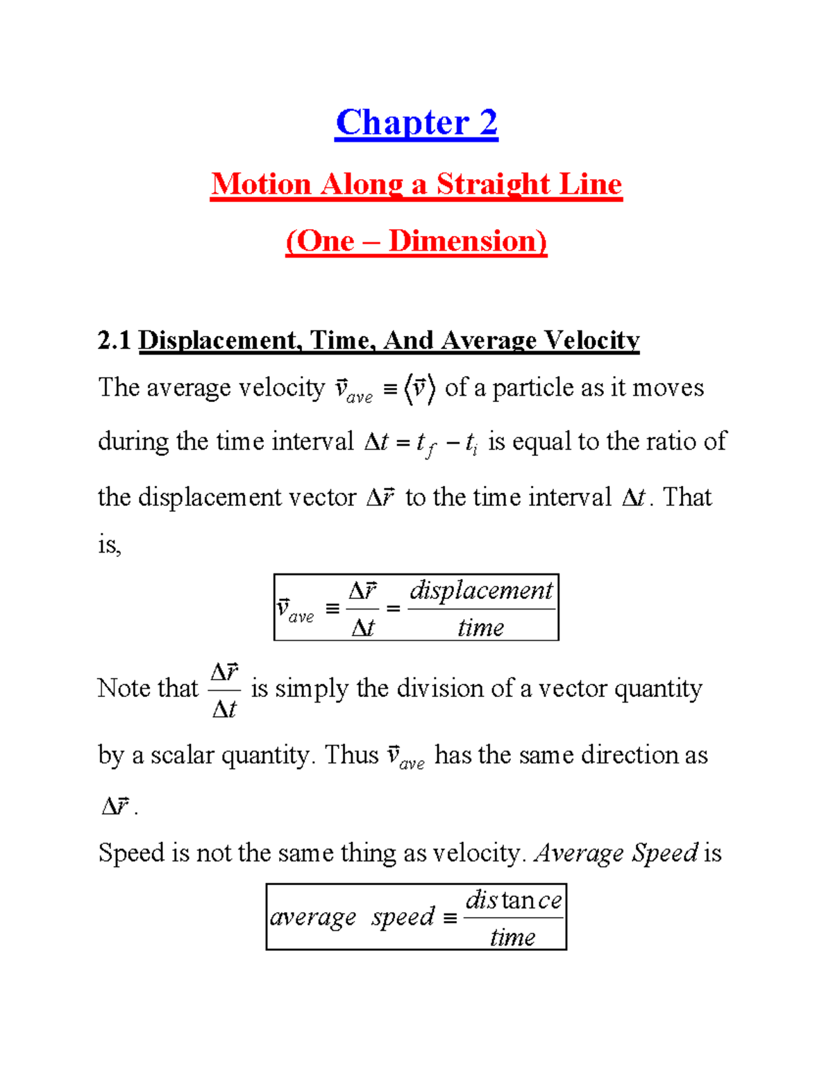 Chapter 2 Arnold Notes - ch2 - Chapter 2 Motion Along a Straight Line ...