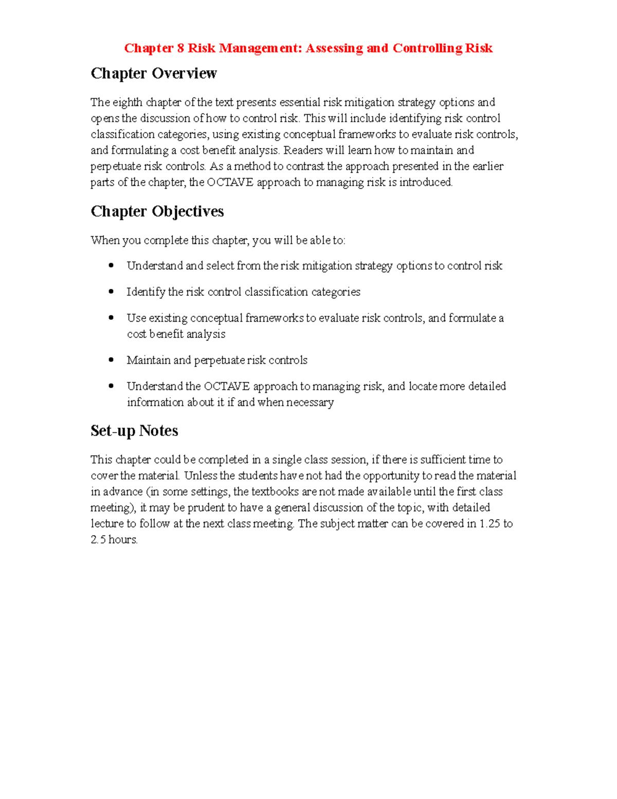 Ch08 Assessing and controlling risk - Chapter 8 Risk Management: Assessing and Controlling Risk ...