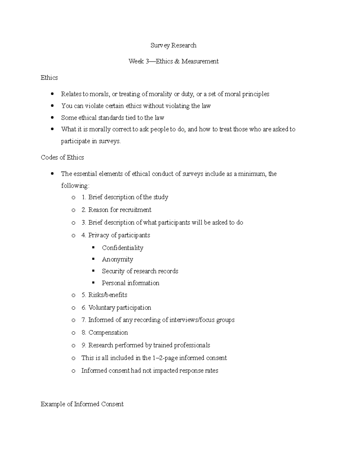 Week 4 - Ethics and Measurement Lecture Notes - Survey Research Week 3 ...