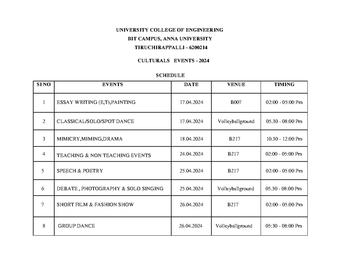 Cultural Events Schedule 2024 - UNIVERSITY COLLEGE OF ENGINEERING BIT ...