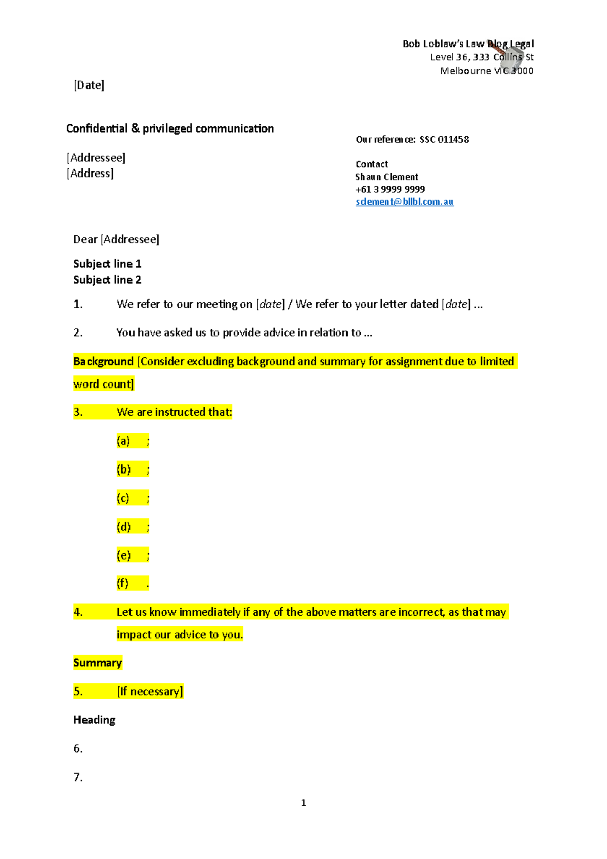 Letter of advice - template (March 2019 ) - Bob Loblaw’s Law Blog Legal ...