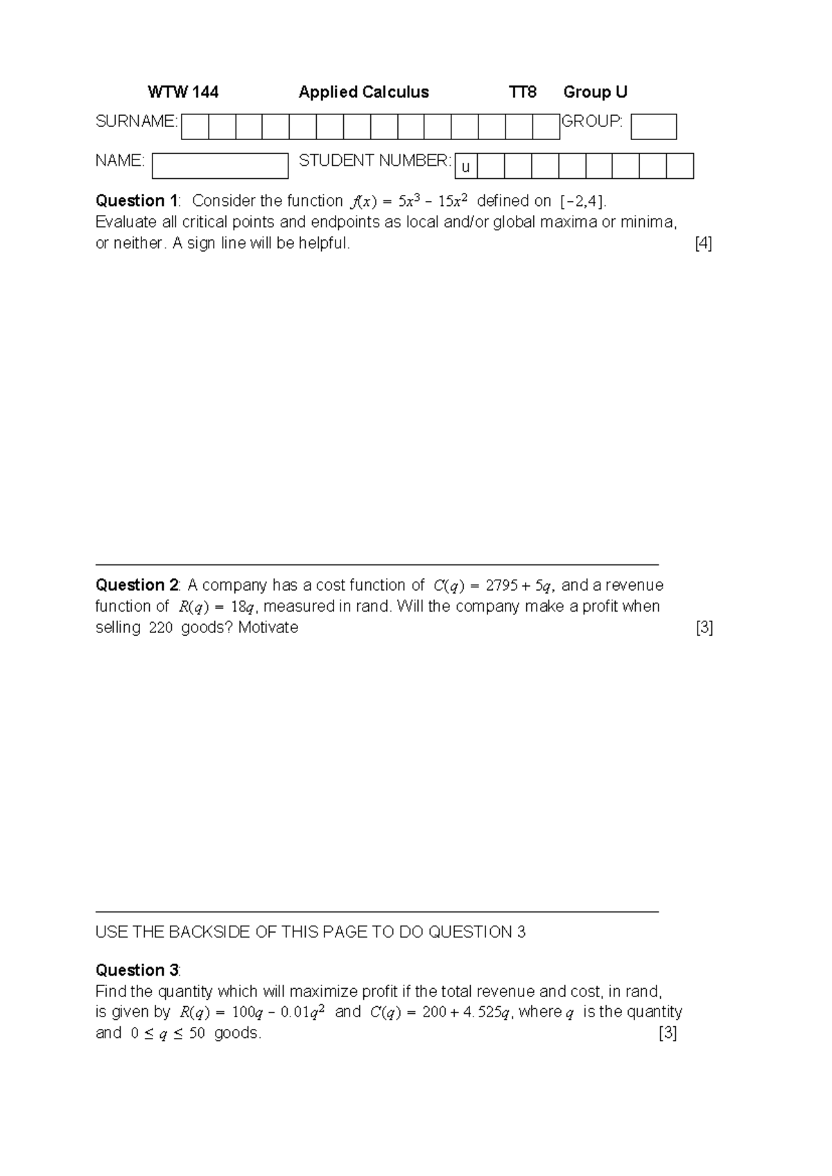 TT8 Group U - Copy - Copy - tutorial test - WTW 144 Applied Calculus ...