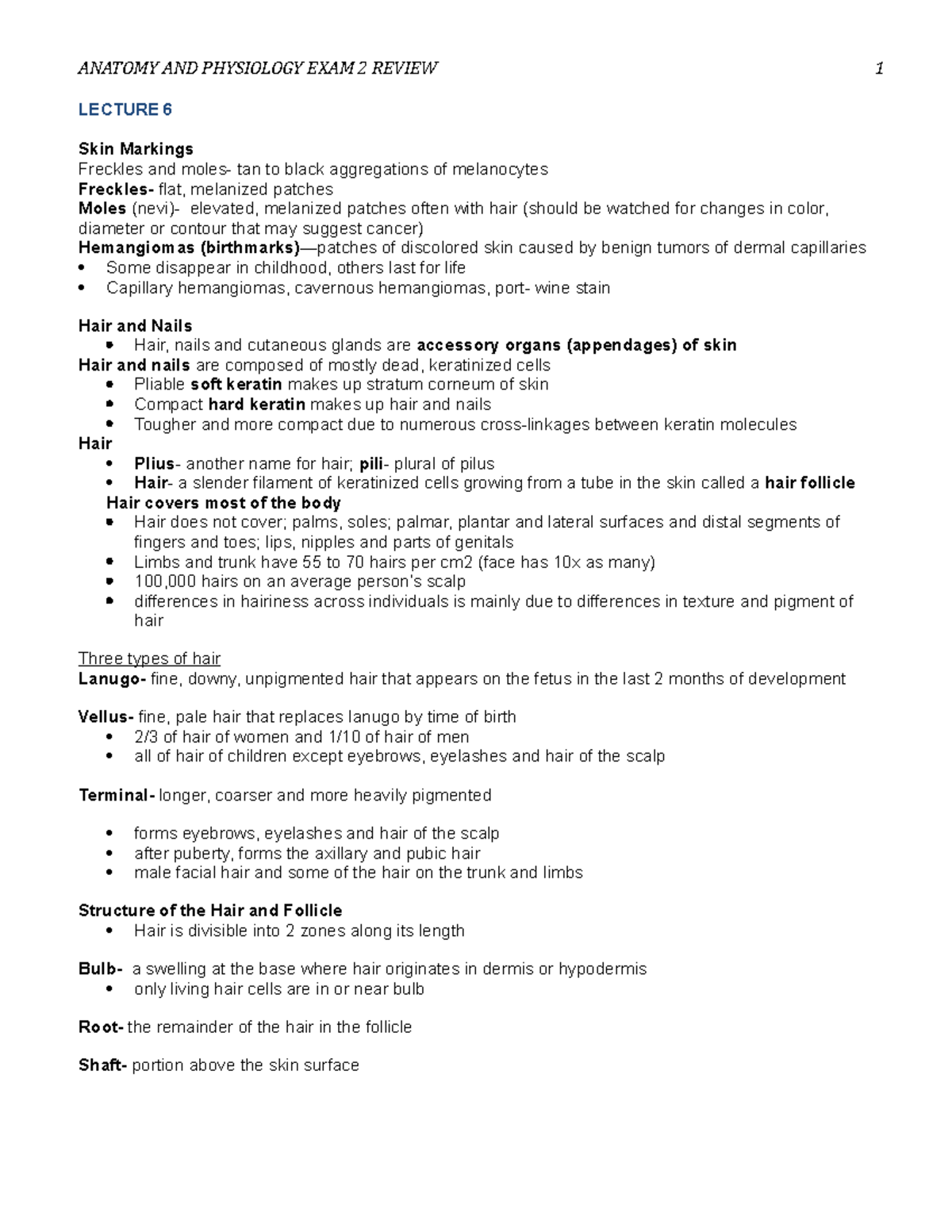 A P Exam 2 ANATOMY AND PHYSIOLOGY EXAM 2 REVIEW LECTURE 6 Skin 