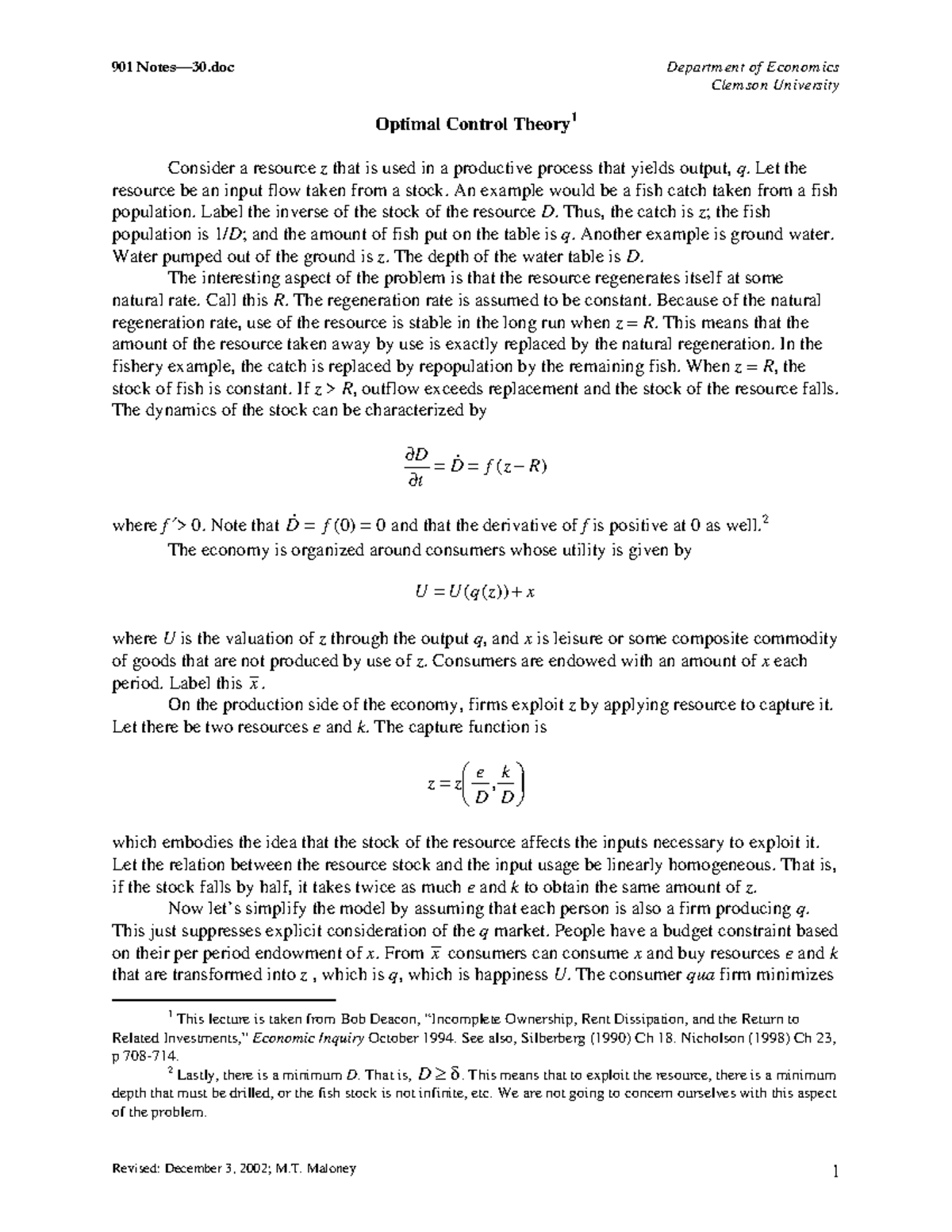 2002 30 - 2002 - Clemson University Optimal Control Theory 1 Consider a ...