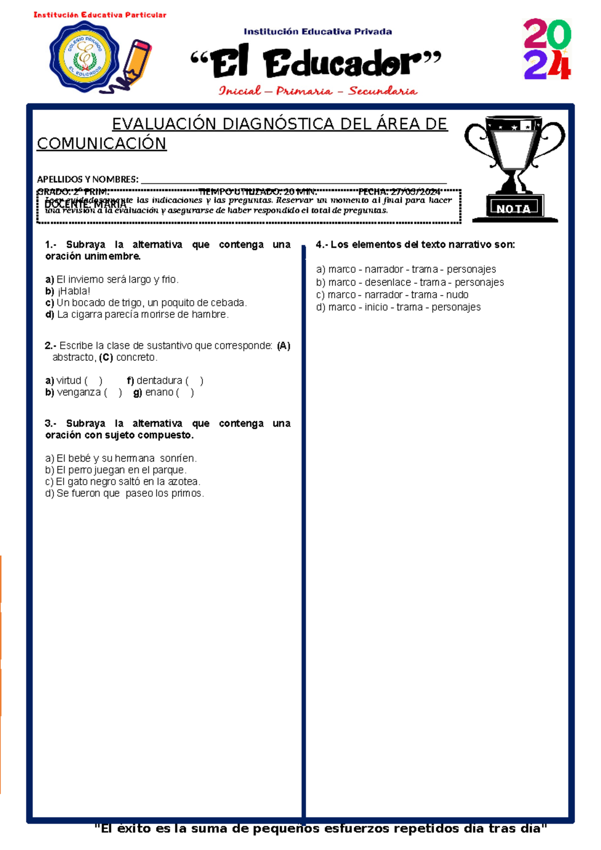 Formato DE Examen - 2024 - "El éxito es la suma de pequeños esfuerzos ...