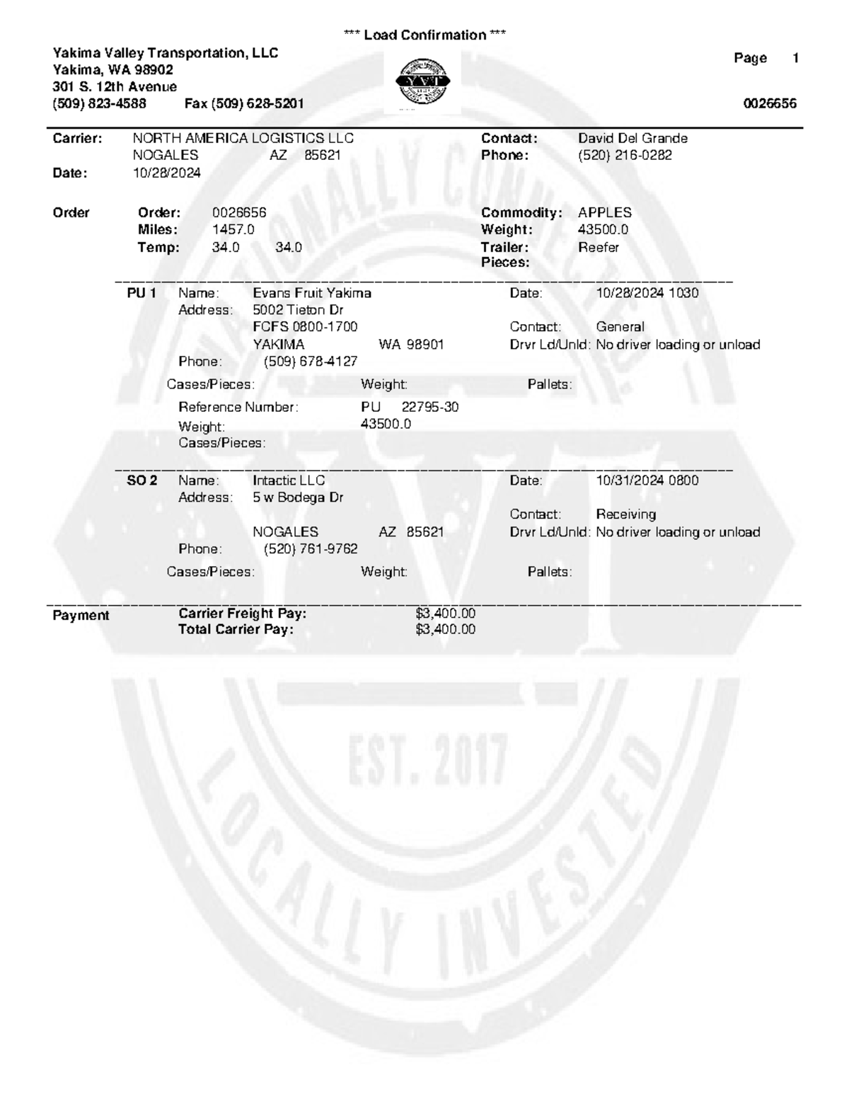 Order confirmation 0026656 - *** Load Confirmation *** Yakima Valley ...