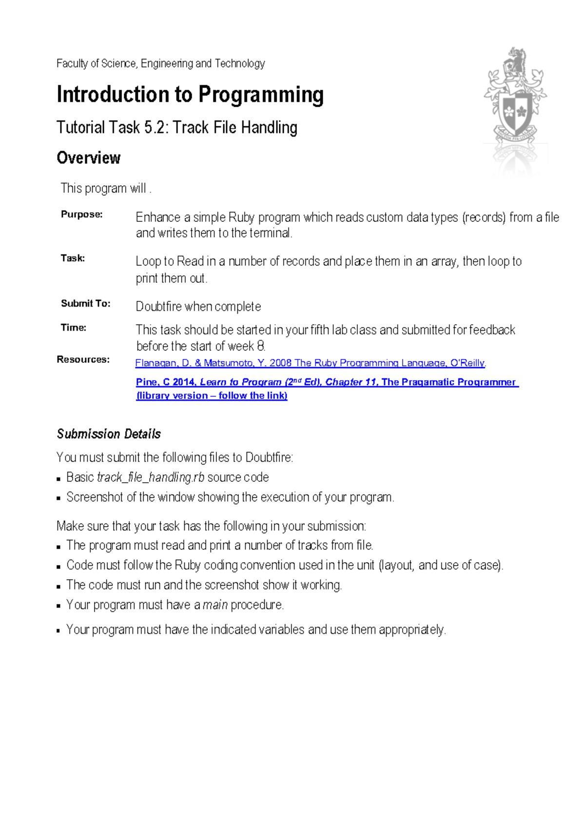 5 - cadff - Faculty of Science, Engineering and Technology Introduction to Programming Tutorial ...