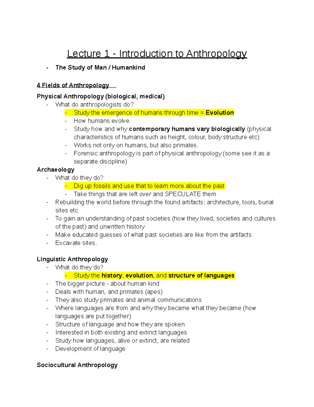 Anthropology sociological Lecture Notes - Lecture 1 - Introduction to ...