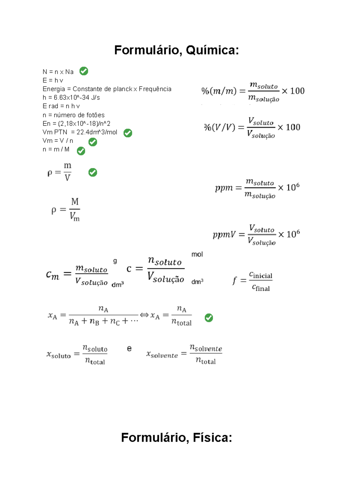 Resumos FQ - Formulário, Química: N = n x Na E = h v Energia ...