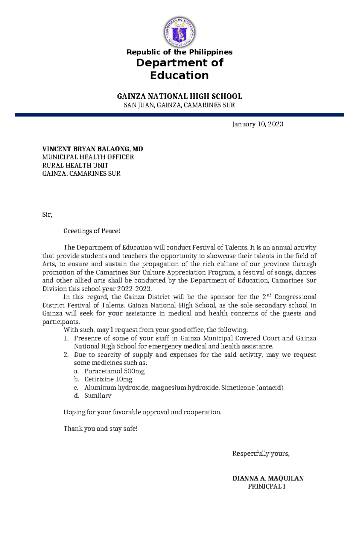 Communication letter to rhu for fot - Republic of the Philippines ...