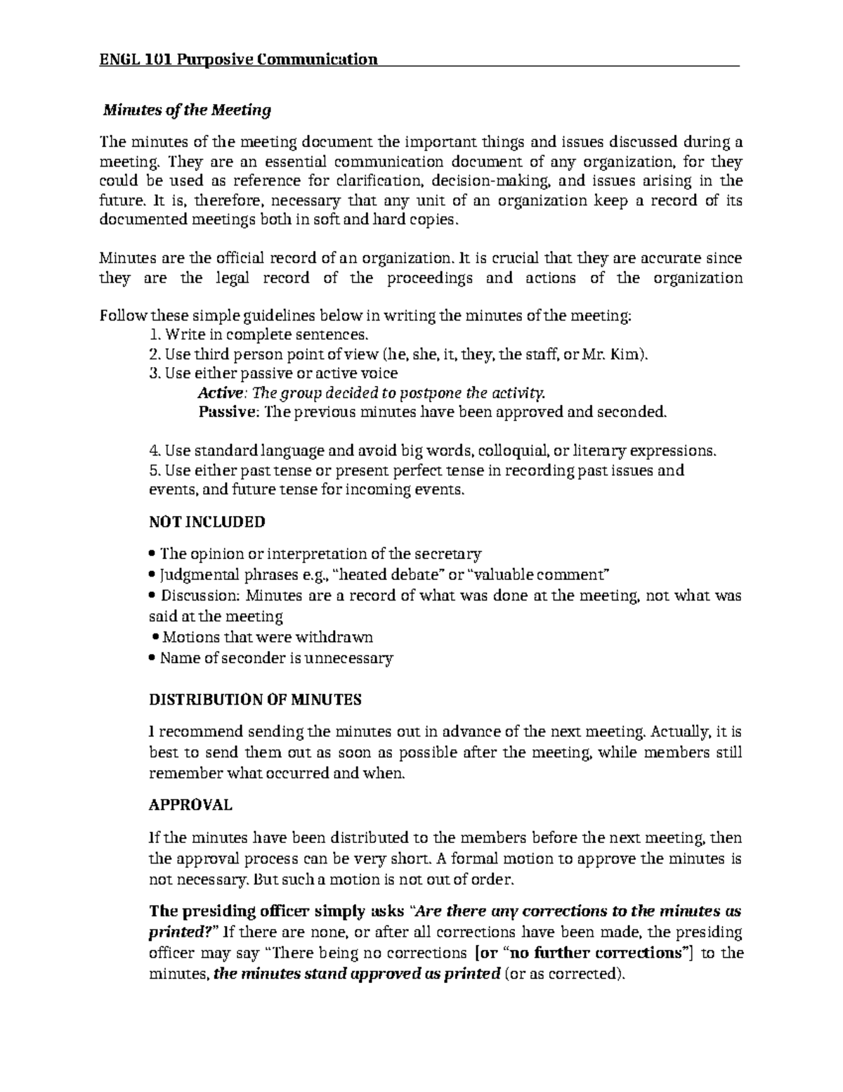 ENGL 101 Minutes of the Meeting - Minutes of the Meeting The minutes of ...