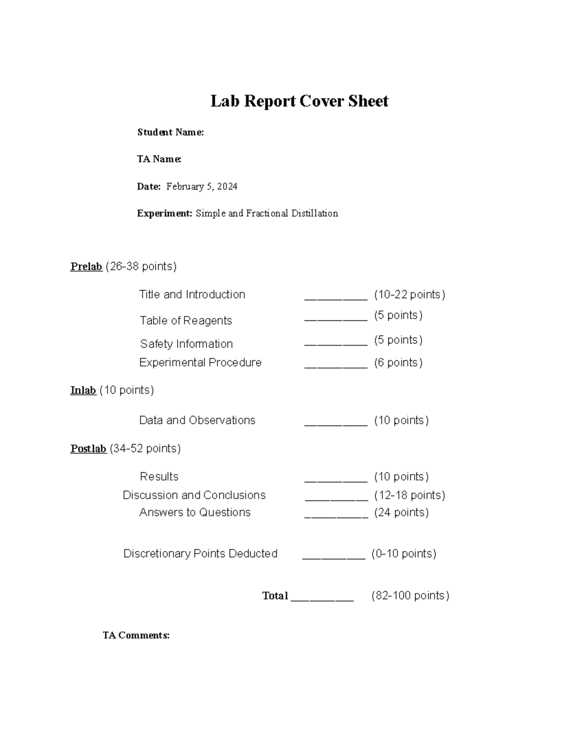 Ochem 2211L- Distillation - Lab Report Cover Sheet Student Name: TA ...