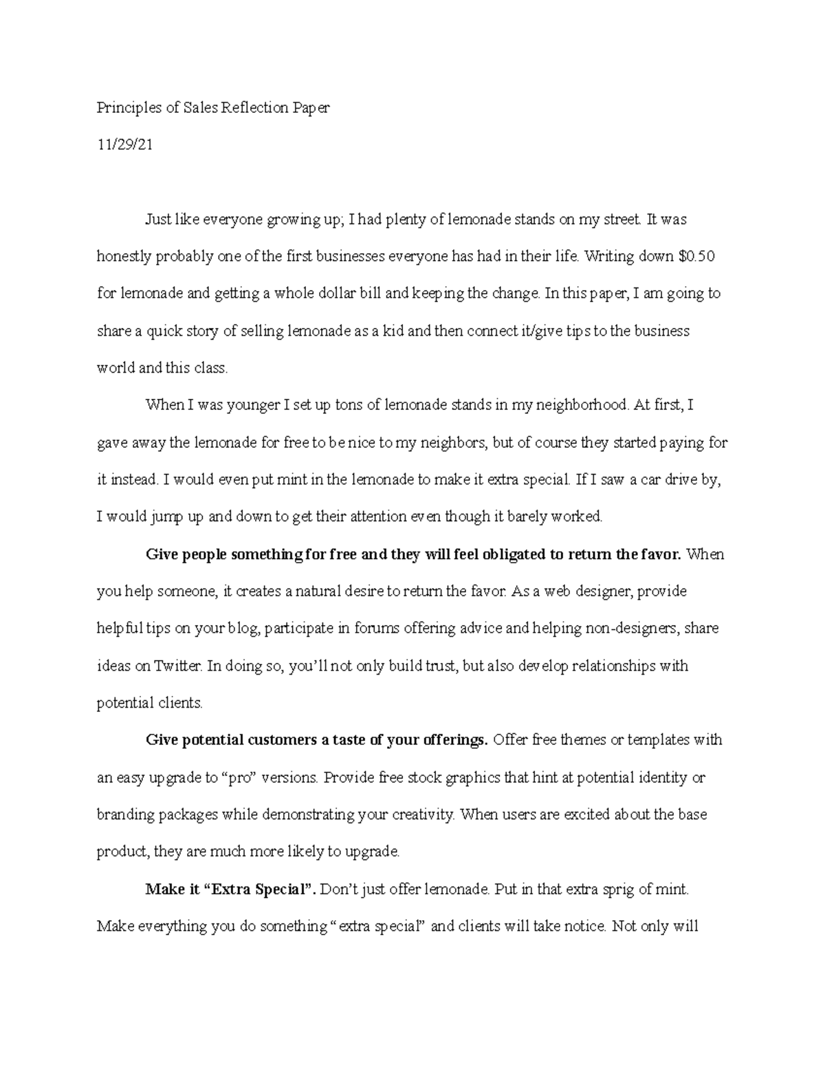 Principles of Sales Reflection Paper - Principles of Sales Reflection ...