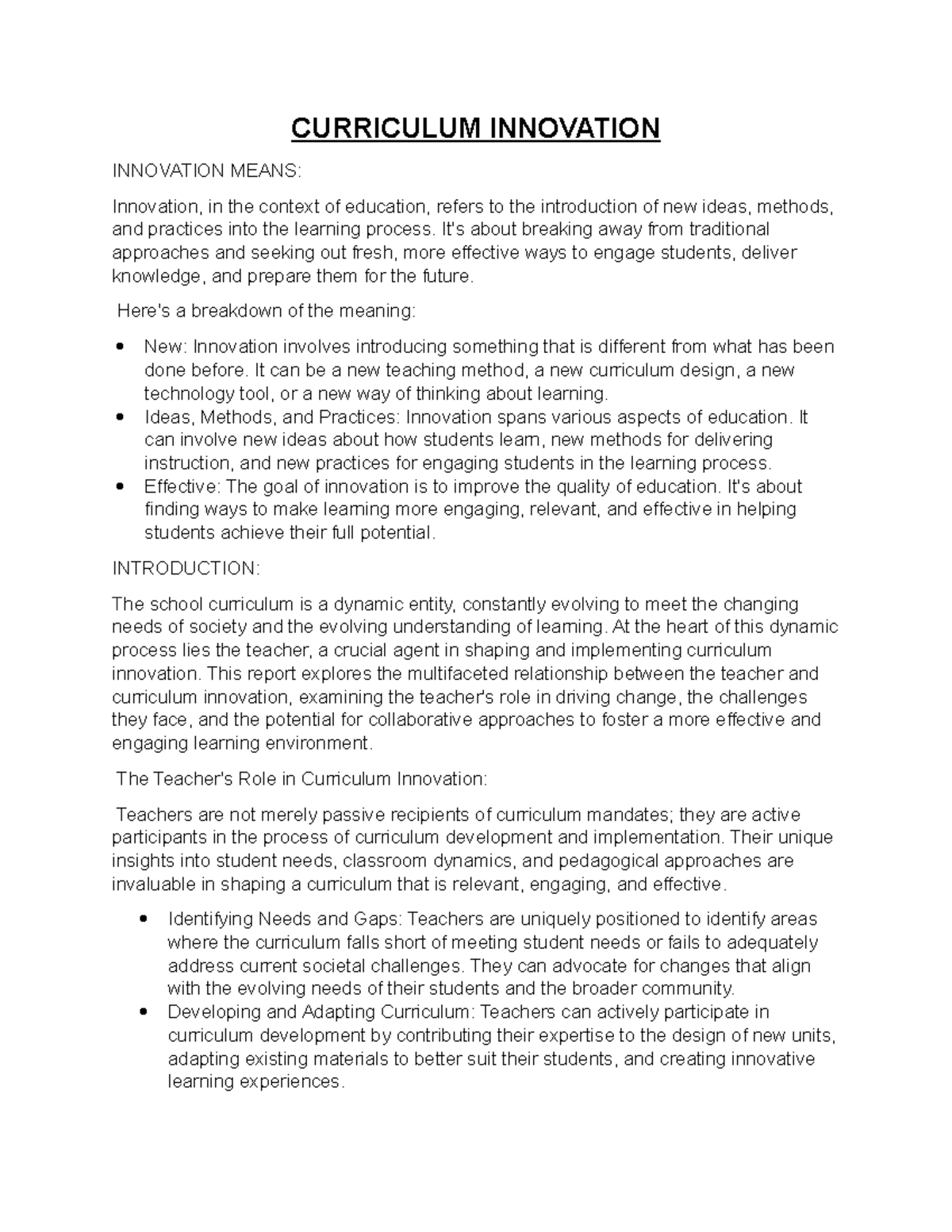 Curriculum Innovation - CURRICULUM INNOVATION INNOVATION MEANS ...
