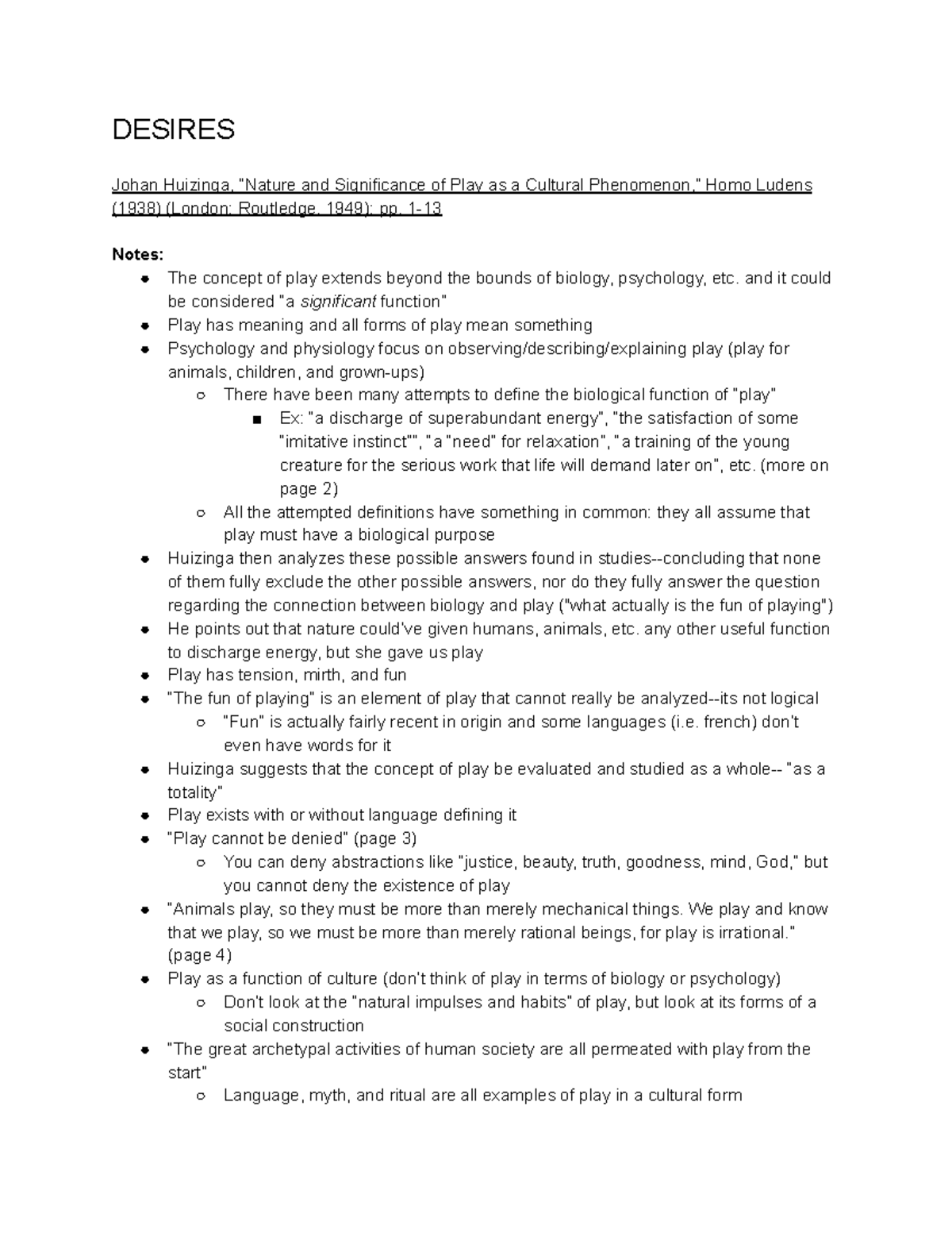 Week 5 Desires - Reading Notes - DESIRES Johan Huizinga,